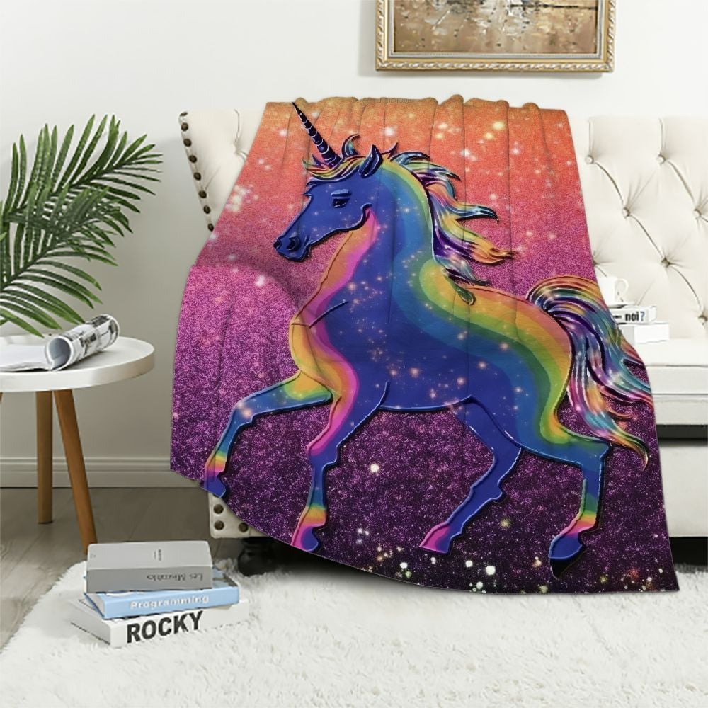 ONETECH Rainbow Glitter Purple Sparkles Unicorn Flannel Bed Blanket ...