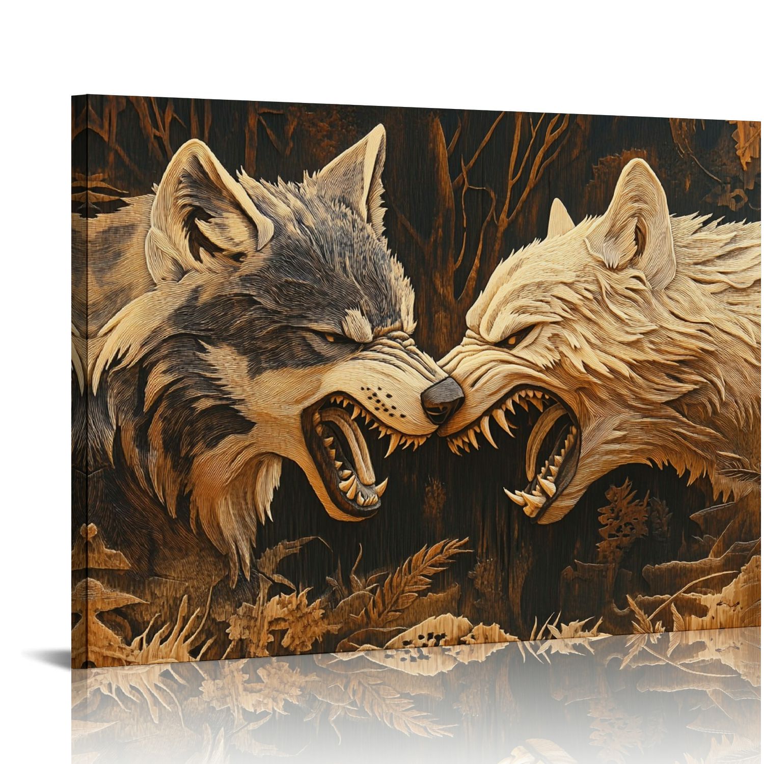 ONETECH Ready To Hang Two Angry Wolves Fighting Wall Art Canvas 16x12in ...
