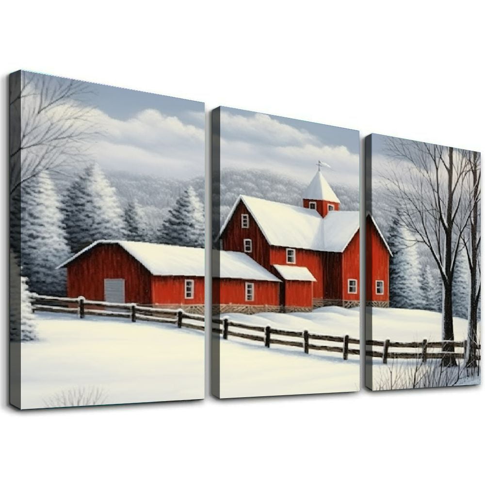 ONETECH Red Barn Winter by Debbi Wetzel, Canvas Wall Art 12''x16''X3 ...