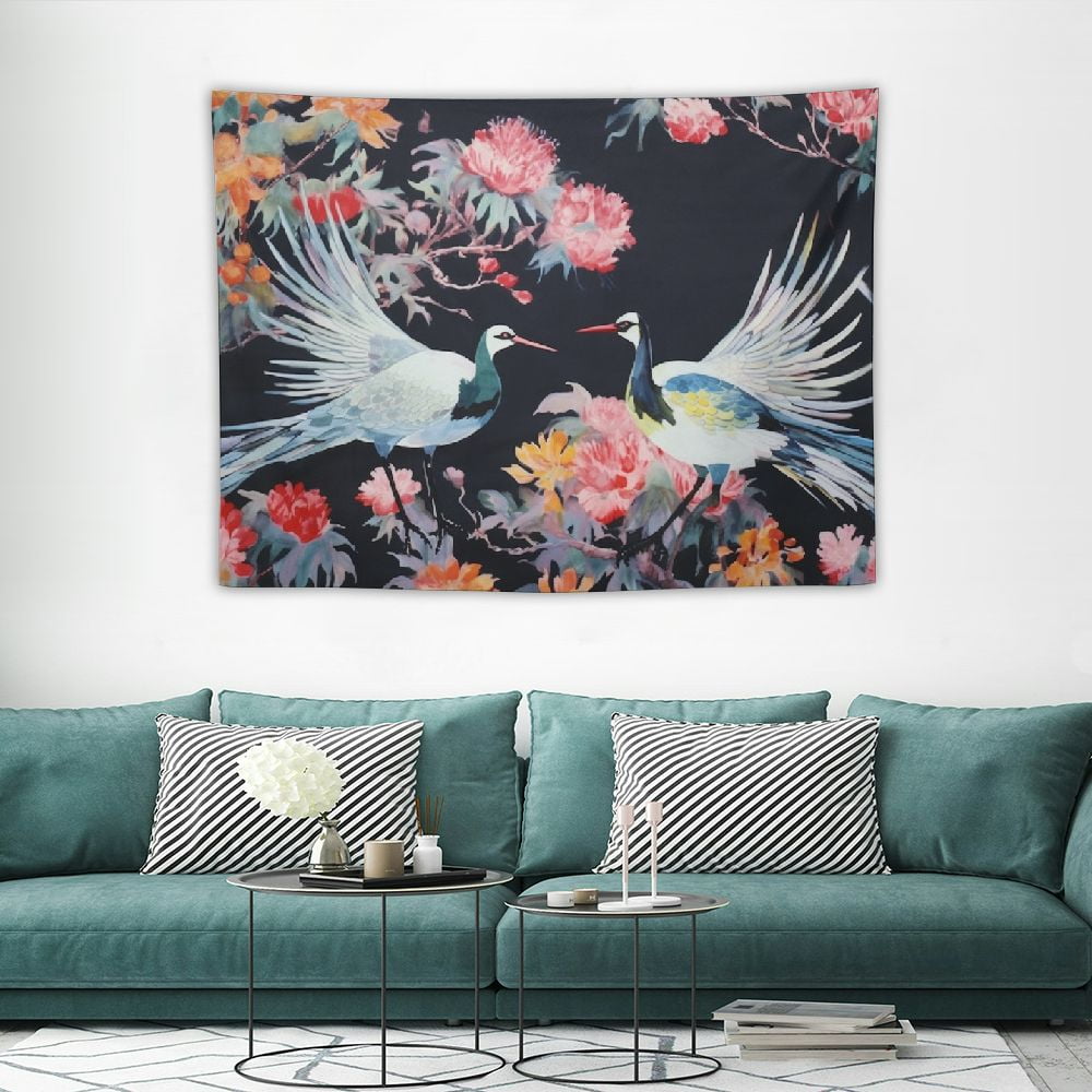 ONETECH Red Green Cranes Floral Leaves Tapestry, Traditional Japanese ...