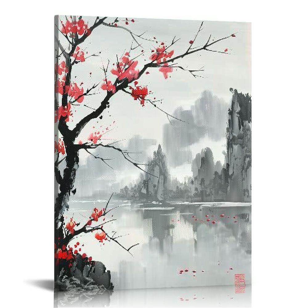 ONETECH Red Plum Blossom Floral Wall Art Traditional Chinese Style ...