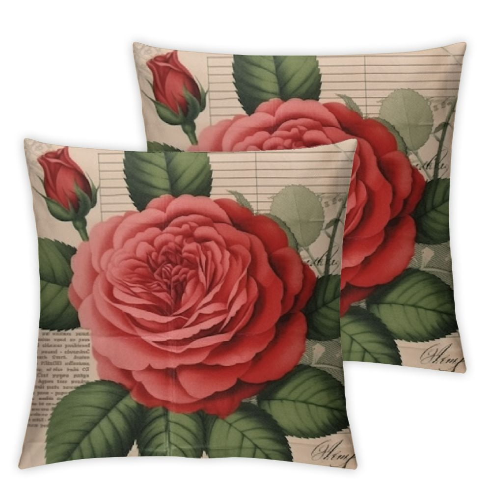 ONETECH Rose Throw Pillow Cover, Blooming Red Rose with Flowers &Green ...