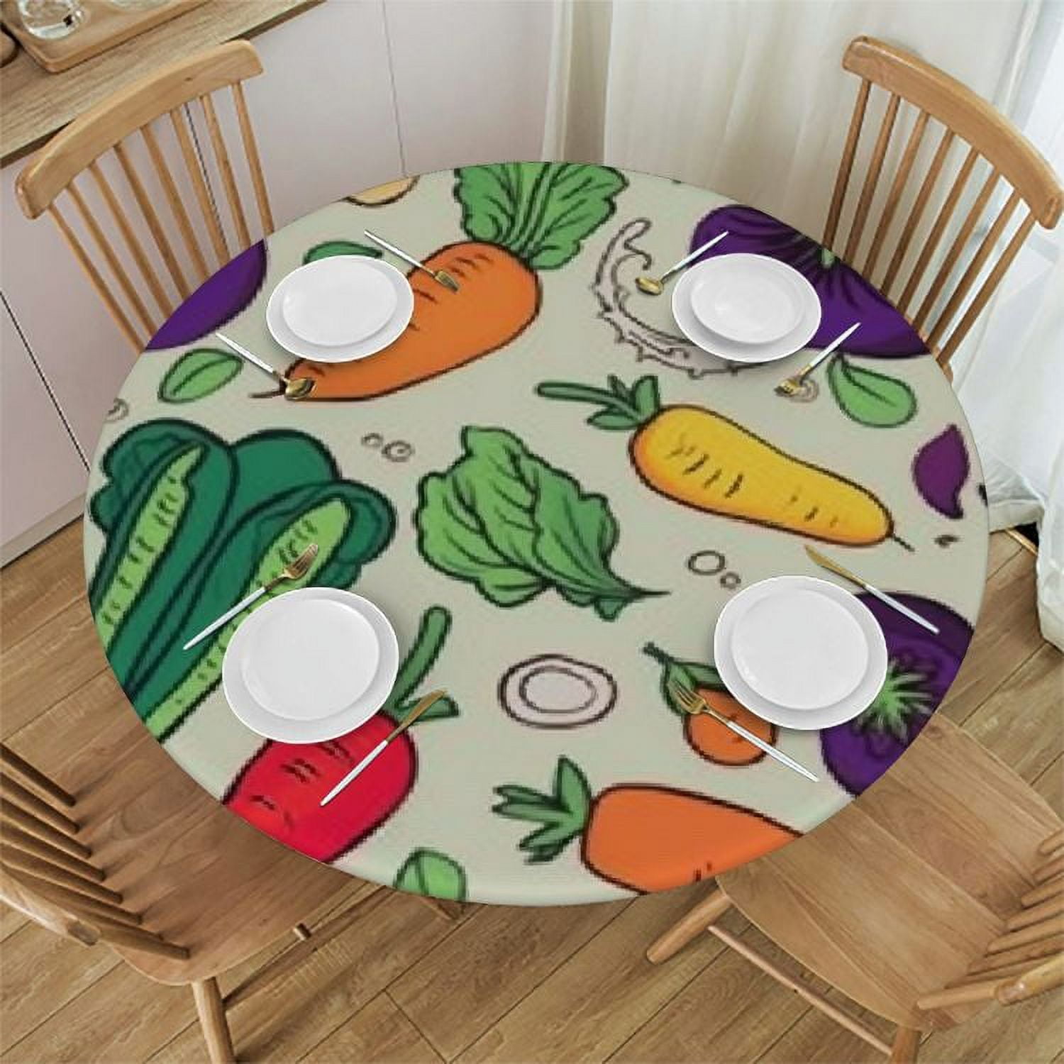 ONETECH Round Fitted Tablecloth Cartoon Vegetable Pattern Round Table ...