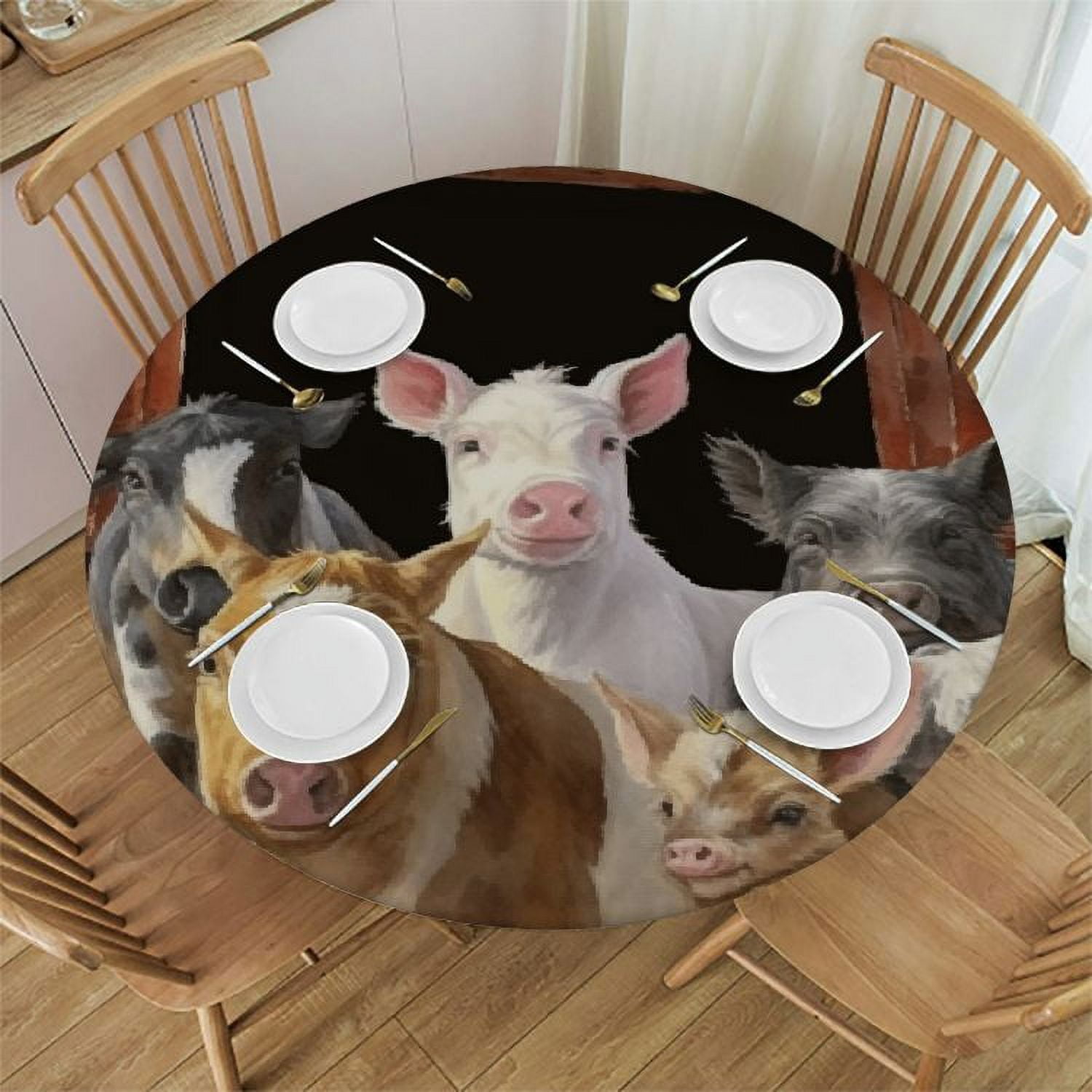 ONETECH Round Fitted Tablecloth,Vintage Farm Animal Watercolor Circle ...