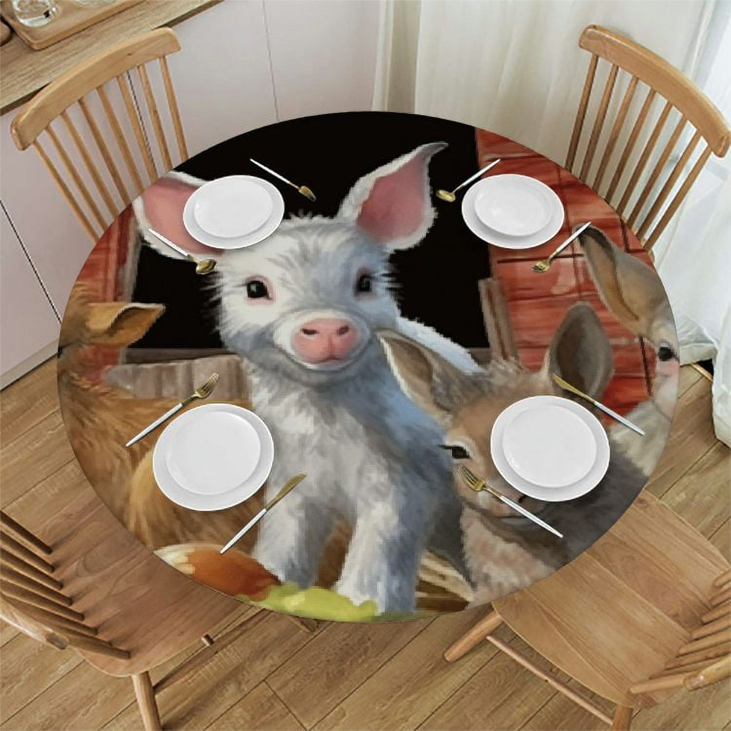 FUMJ Round Fitted Tablecloth,Vintage Farm Animal Watercolor Circle ...