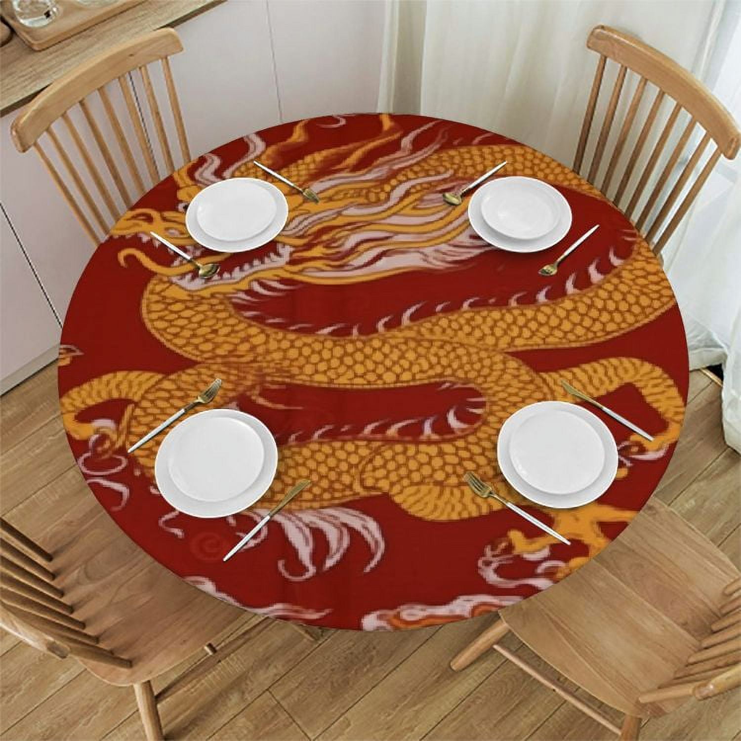 ONETECH Round Tablecloth,Ancient Chinese Dragon Totem Red Waterproof ...