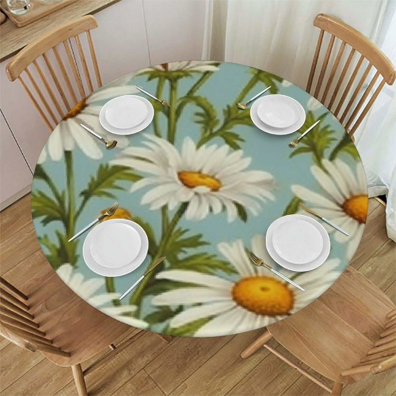 ONETECH Round Watercolor Floral Daisy Tablecloth Spring Summer Elastic ...