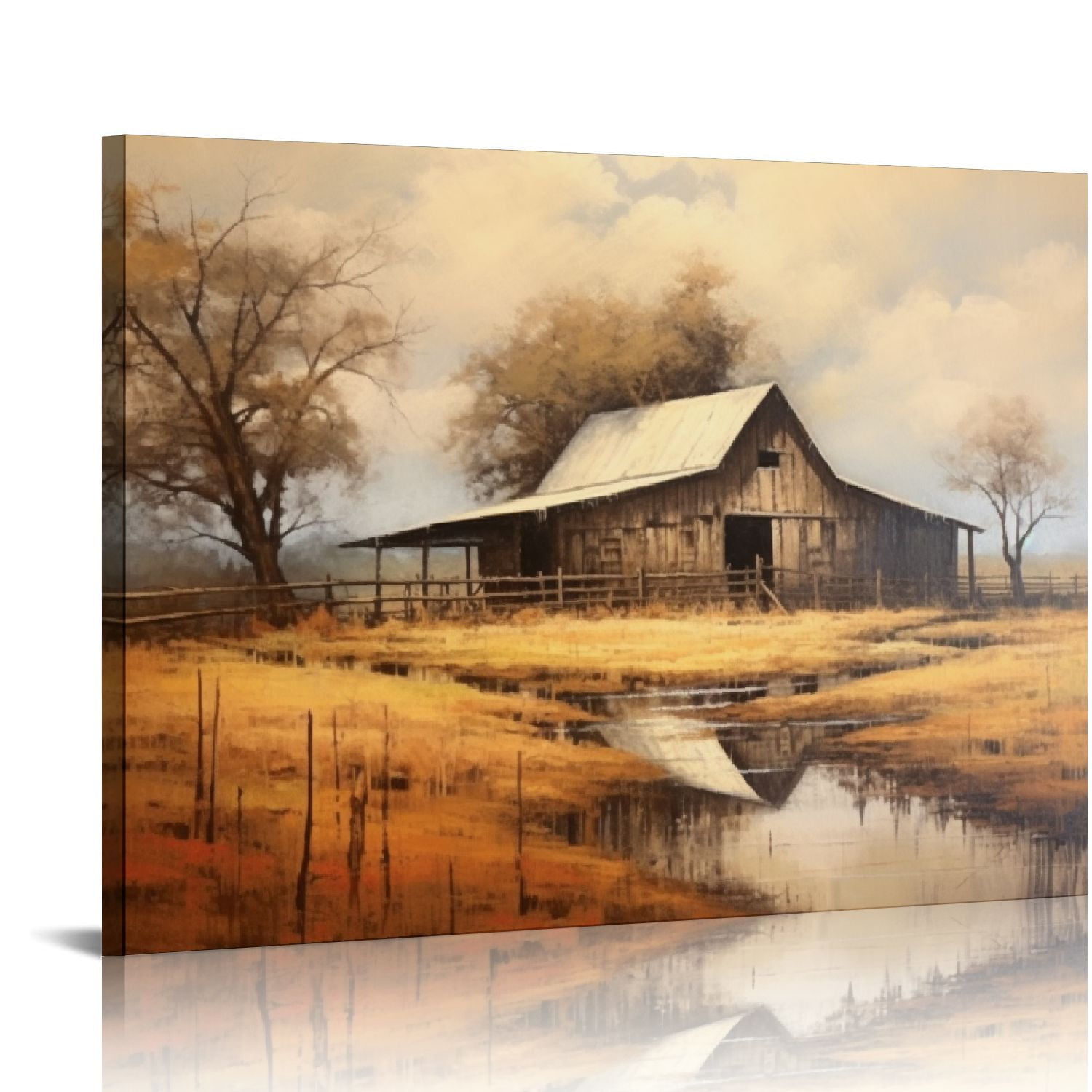ONETECH Rustic Canvas Wall Art Old Barn Textured Painting Vintage ...