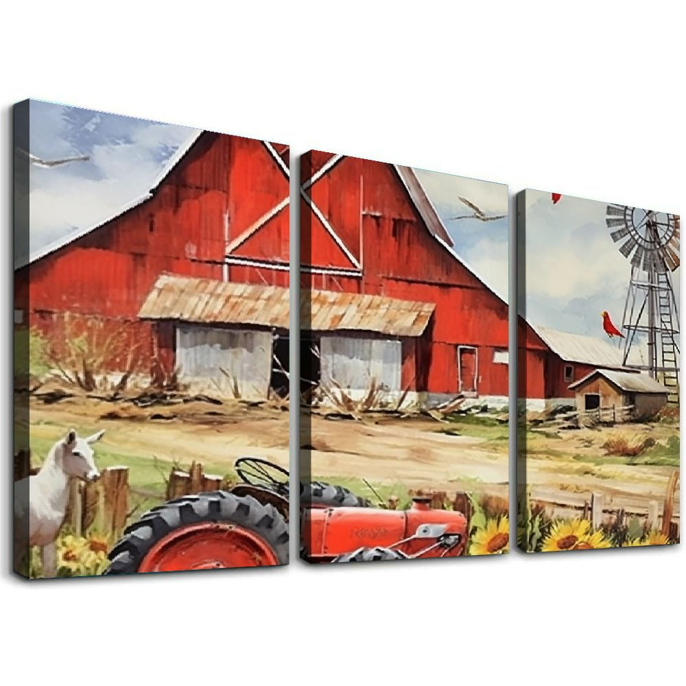 ONETECH Rustic Country Wall Art Red Barn Pictures Wall Decor Farmhouse ...