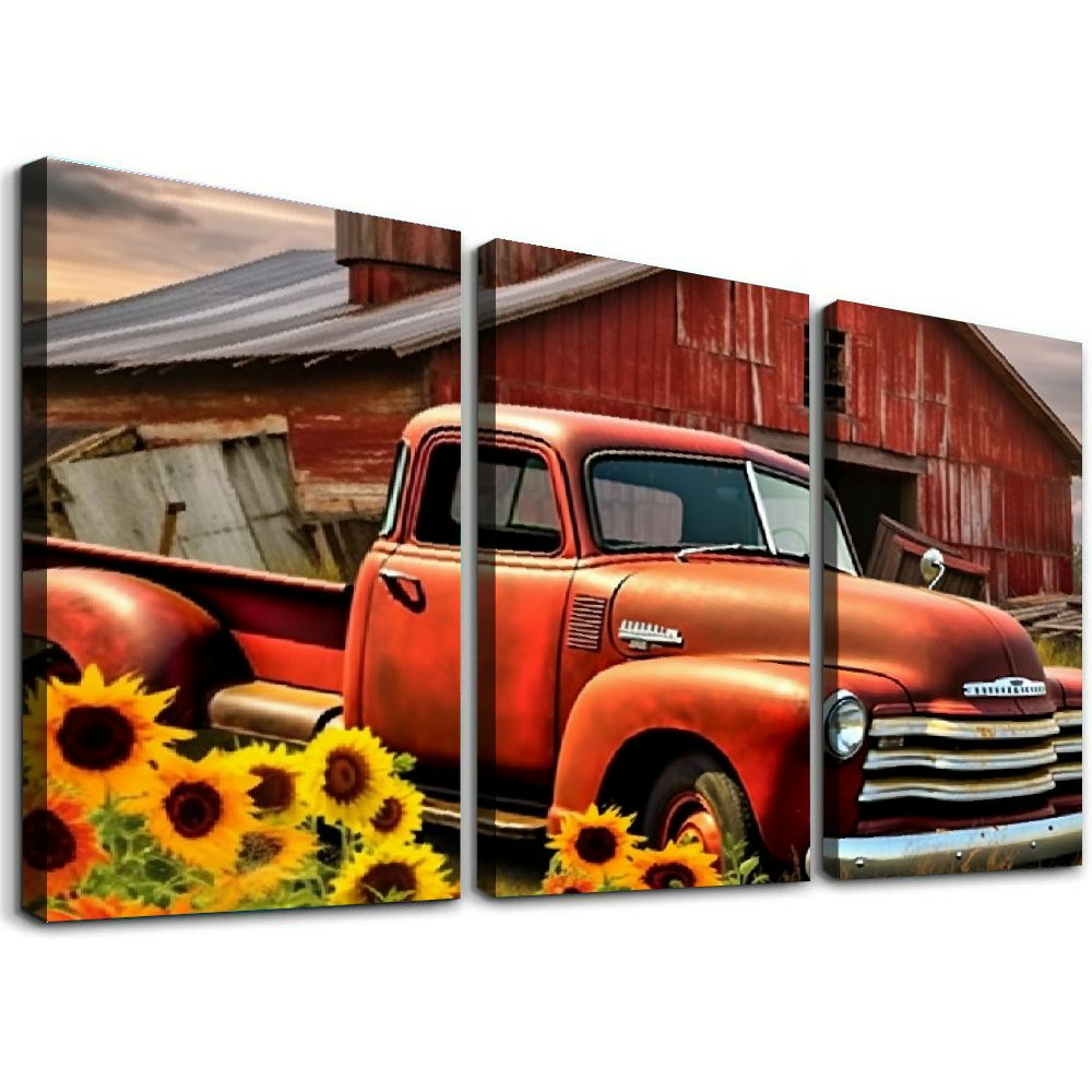 ONETECH Rustic Farmhouse Canvas Wall Art Old Car and Cattle with Barn ...