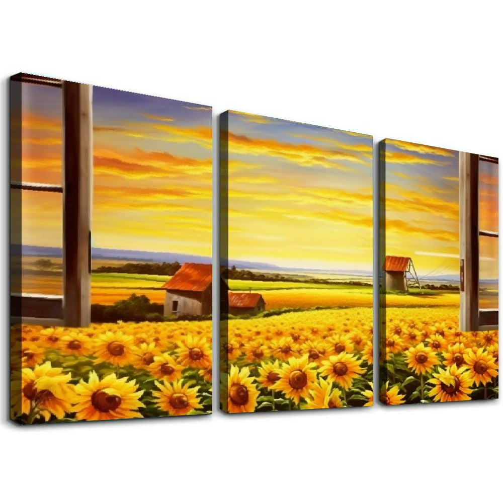 ONETECH Rustic Sunflower Pictures Wall Art, Farmhouse Canvas Art for ...