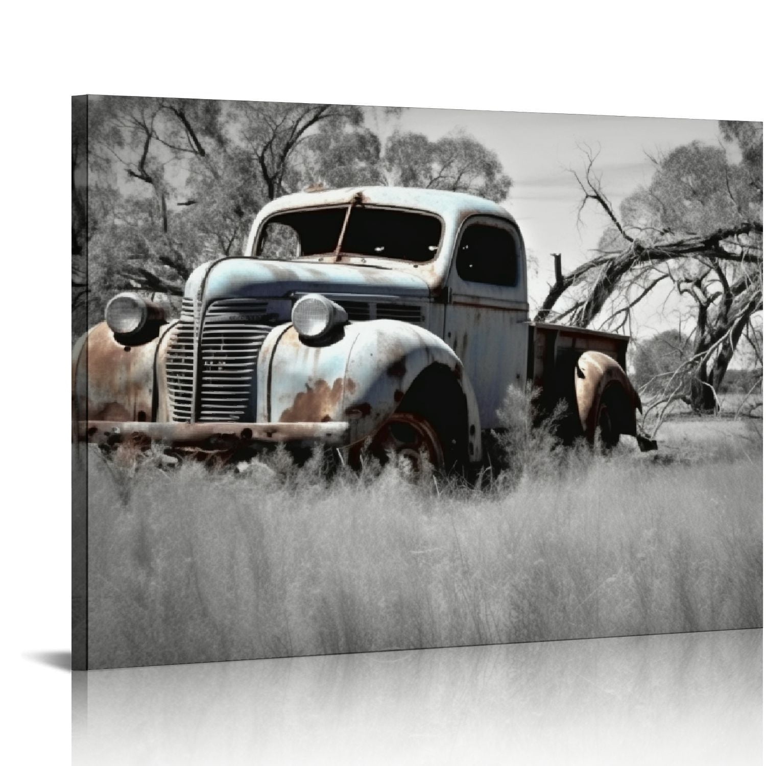 ONETECH Rustic Truck Wooden Wall Art: Abandoned Rusty Blue Car Picture ...