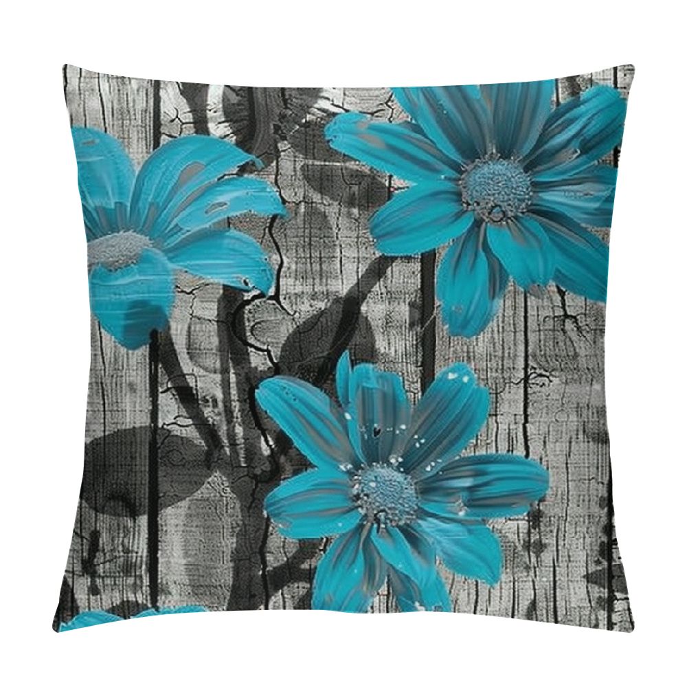 ONETECH Rustic Turquoise Blue Floral Dahlia Daisy Square Throw Pillow ...