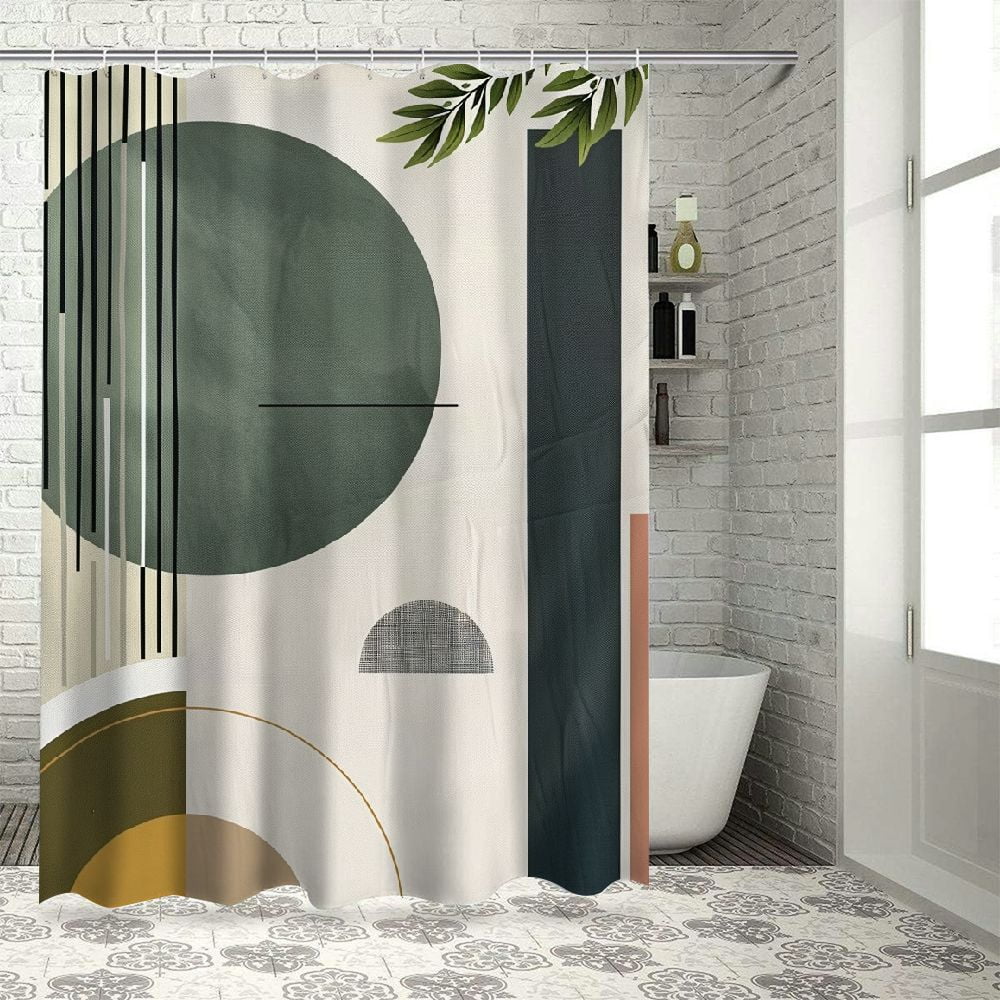 ONETECH Sage Green Boho Mid Century Shower Curtain Abstract Gold Leaves Plant Grey Modern Sun ...