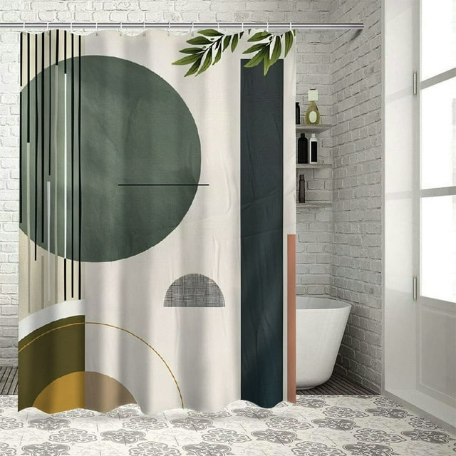 ONETECH Sage Green Boho Mid Century Shower Curtain Abstract Gold Leaves Plant Grey Modern Sun ...