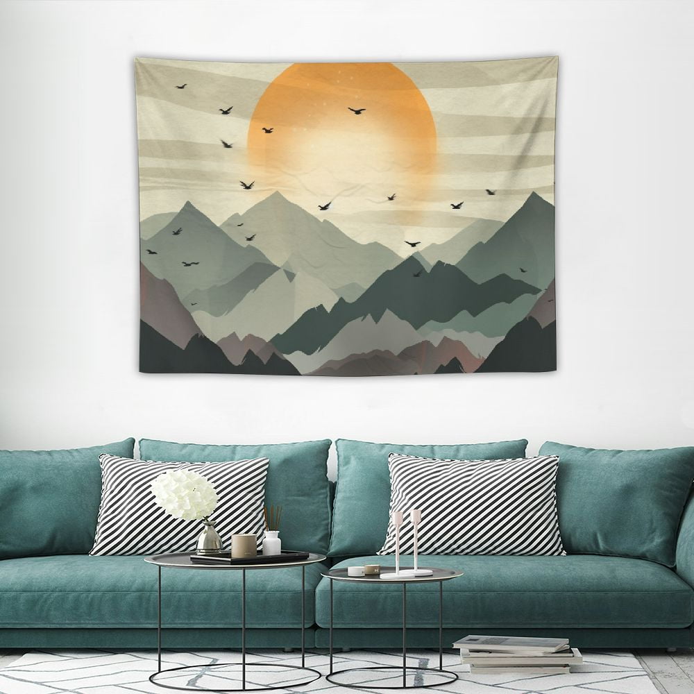 ONETECH Sage Green Mountain Tapestry Boho Abstract Sun Landscape Wall ...