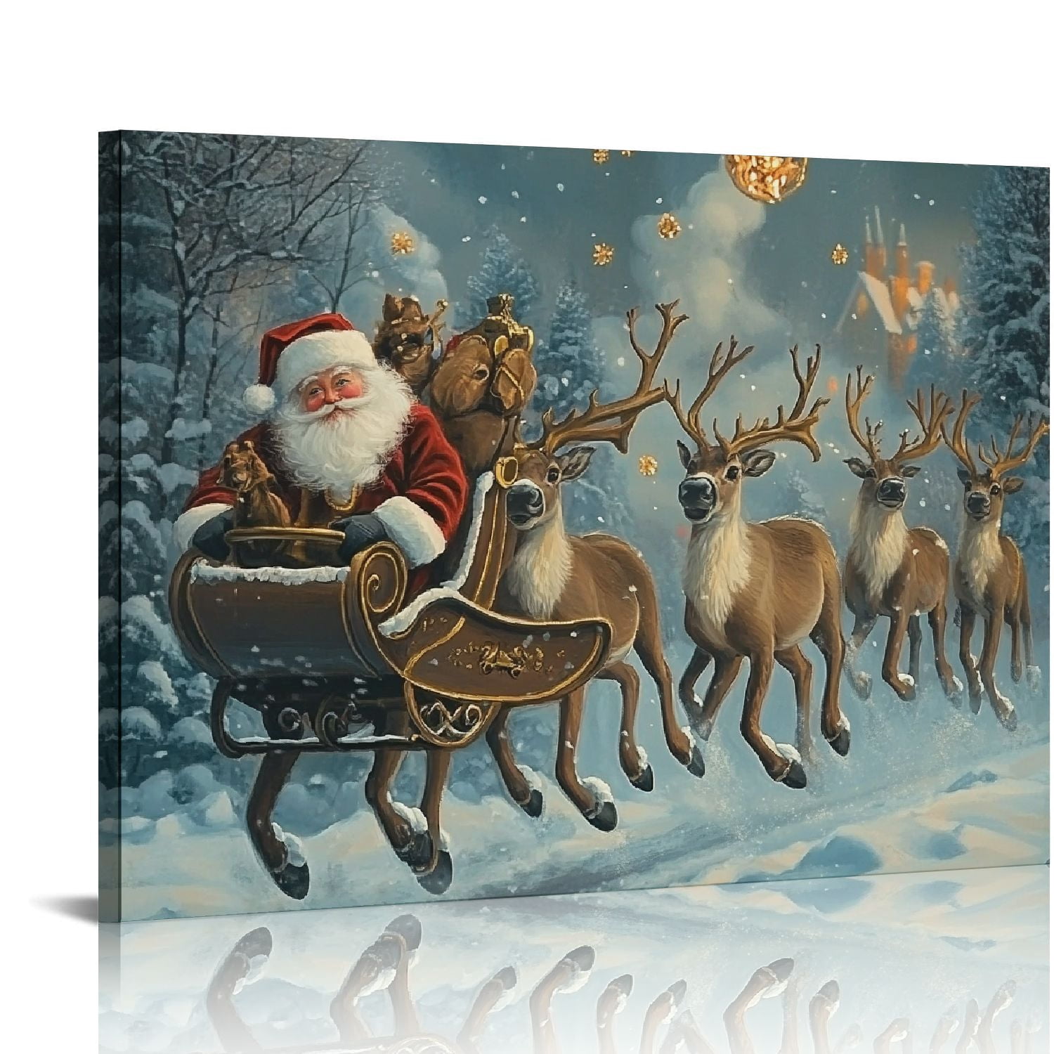 ONETECH Santa and Reindeer Canvas Wall Art Print , Vertical and ...