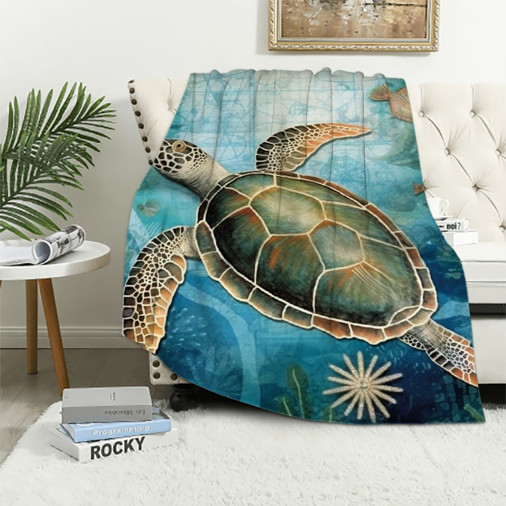 ONETECH Sea Turtle Blanket Soft Warm Mediterranean Style Throw Print ...