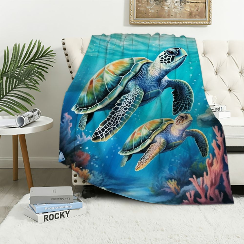 ONETECH Sea Turtle Throw Blanket, Flannel Cute Sea Turtles Themed ...