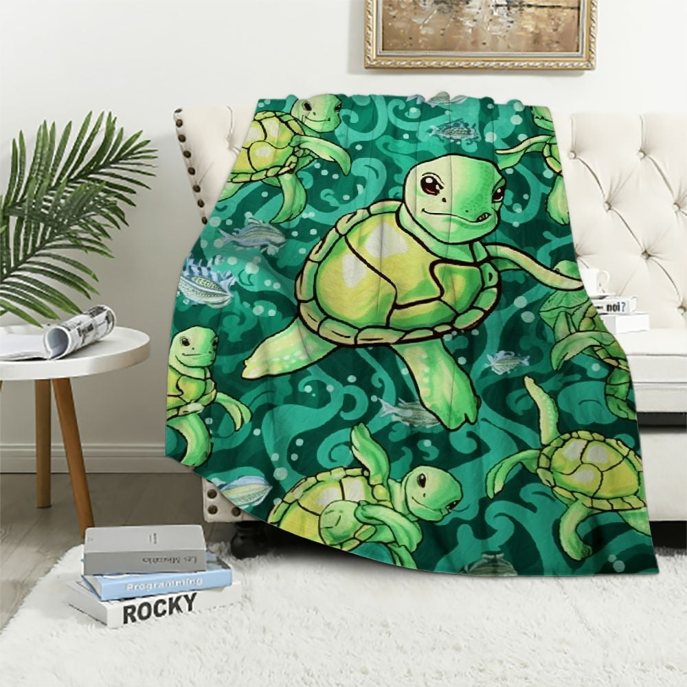 ONETECH Sea Turtle Throw Blanket, Flannel Cute Sea Turtles Themed Green ...