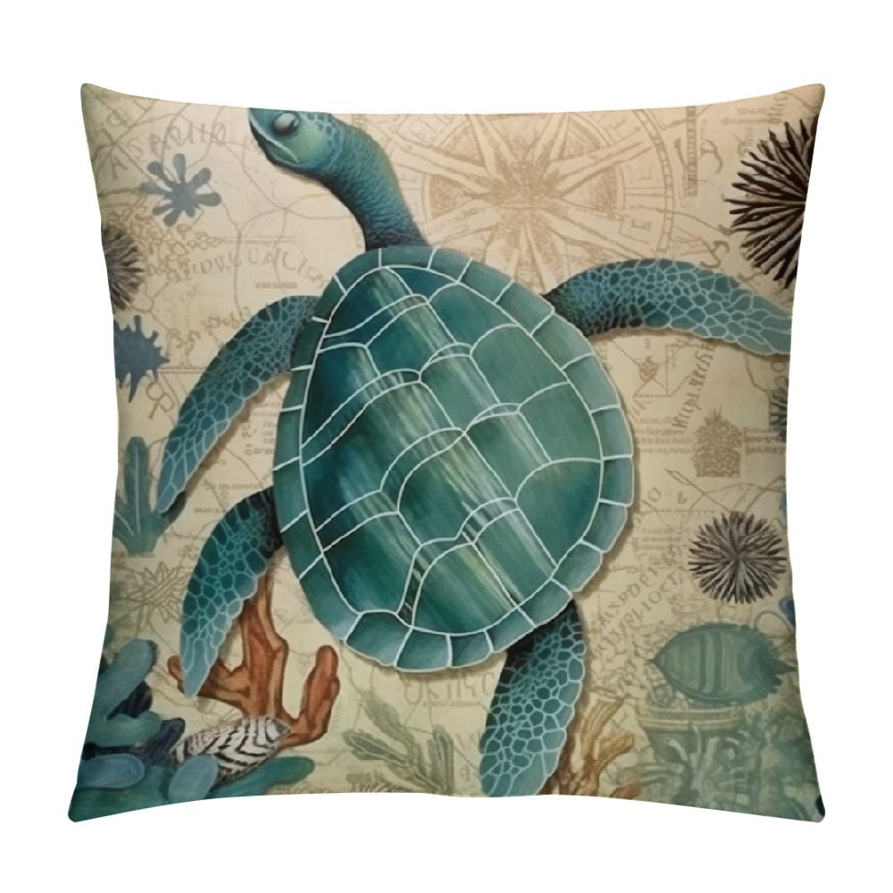 ONETECH Sea Turtle Throw Pillow Covers Nautical Pillow Cover, Coastal Ocean Seahorse Octopus ...