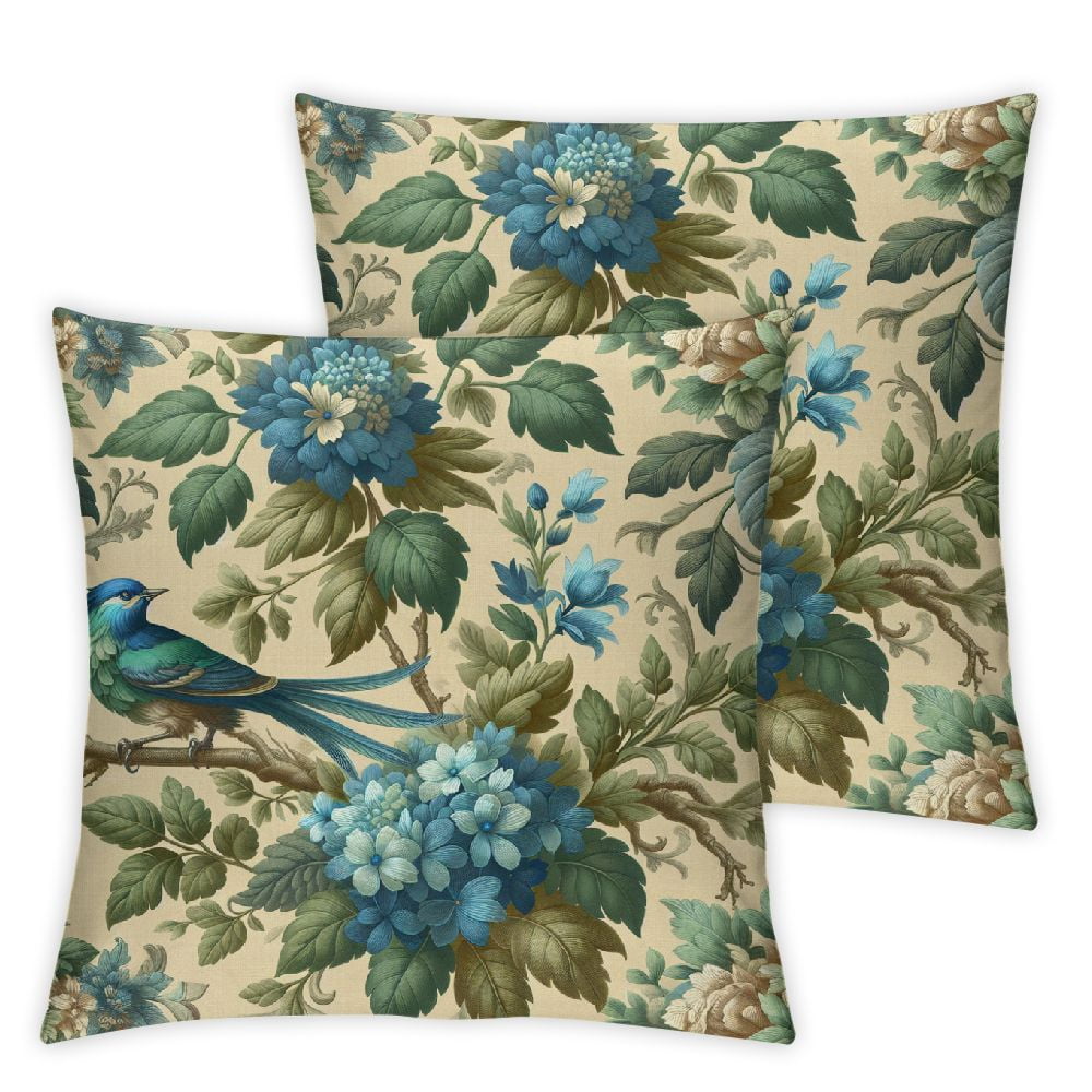 ONETECH Set of 2 Blue Flowers, Bird, Foliage Short Plush Pillowcase 2 ...