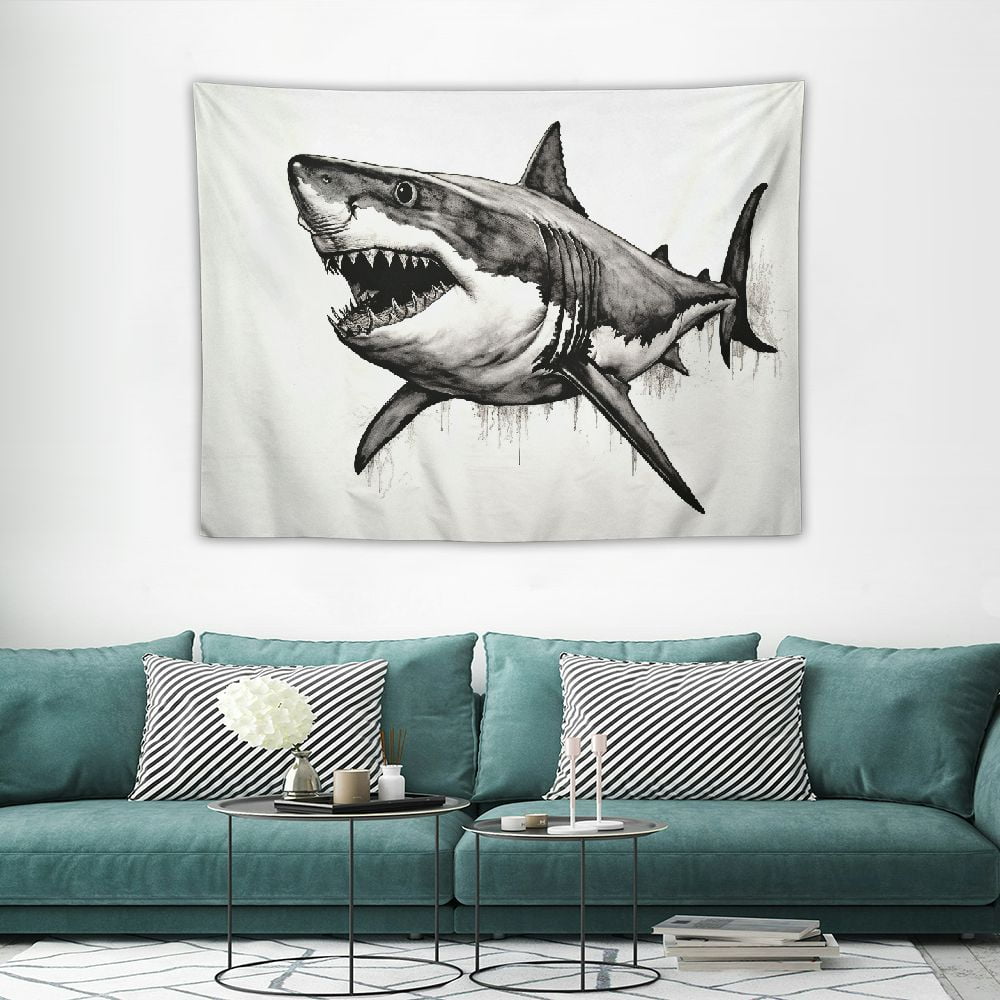 ONETECH Shark Tapestry Wall Hanging Cool Black-And-White Shark Drawing ...