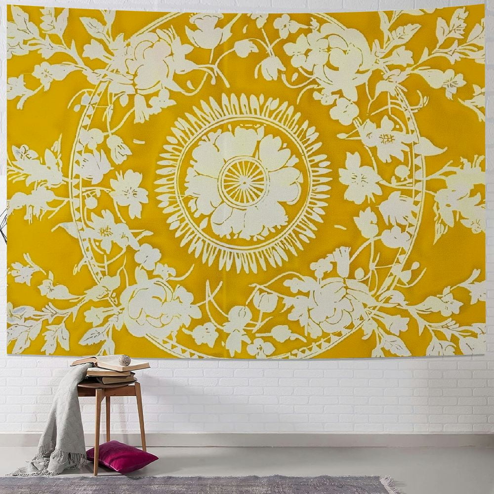 ONETECH Sketched Floral Medallion Yellow Tapestry, Bohemian Mandala ...