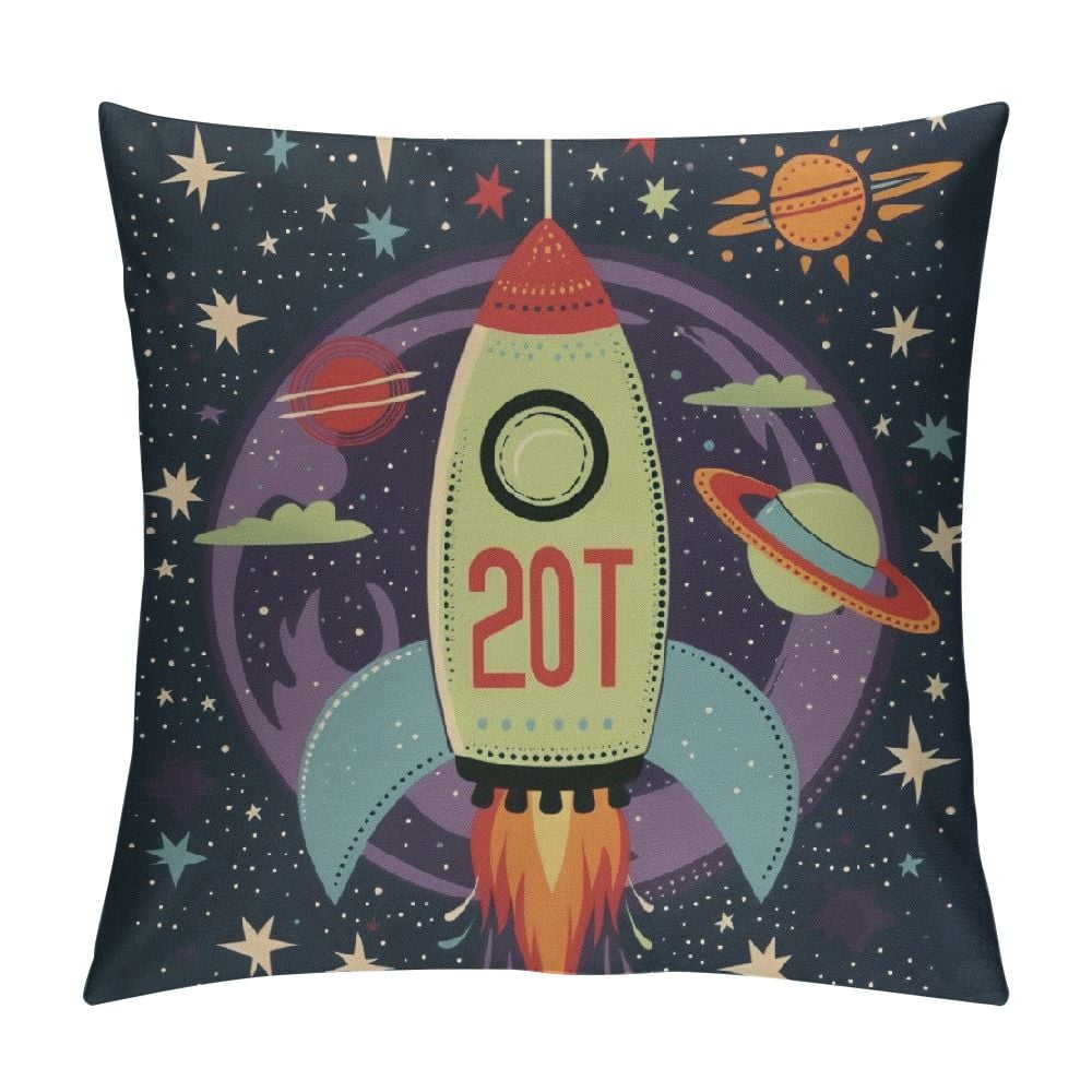 ONETECH Space Throw Pillow Cover Cartoon Space Icons with Spaceship ...