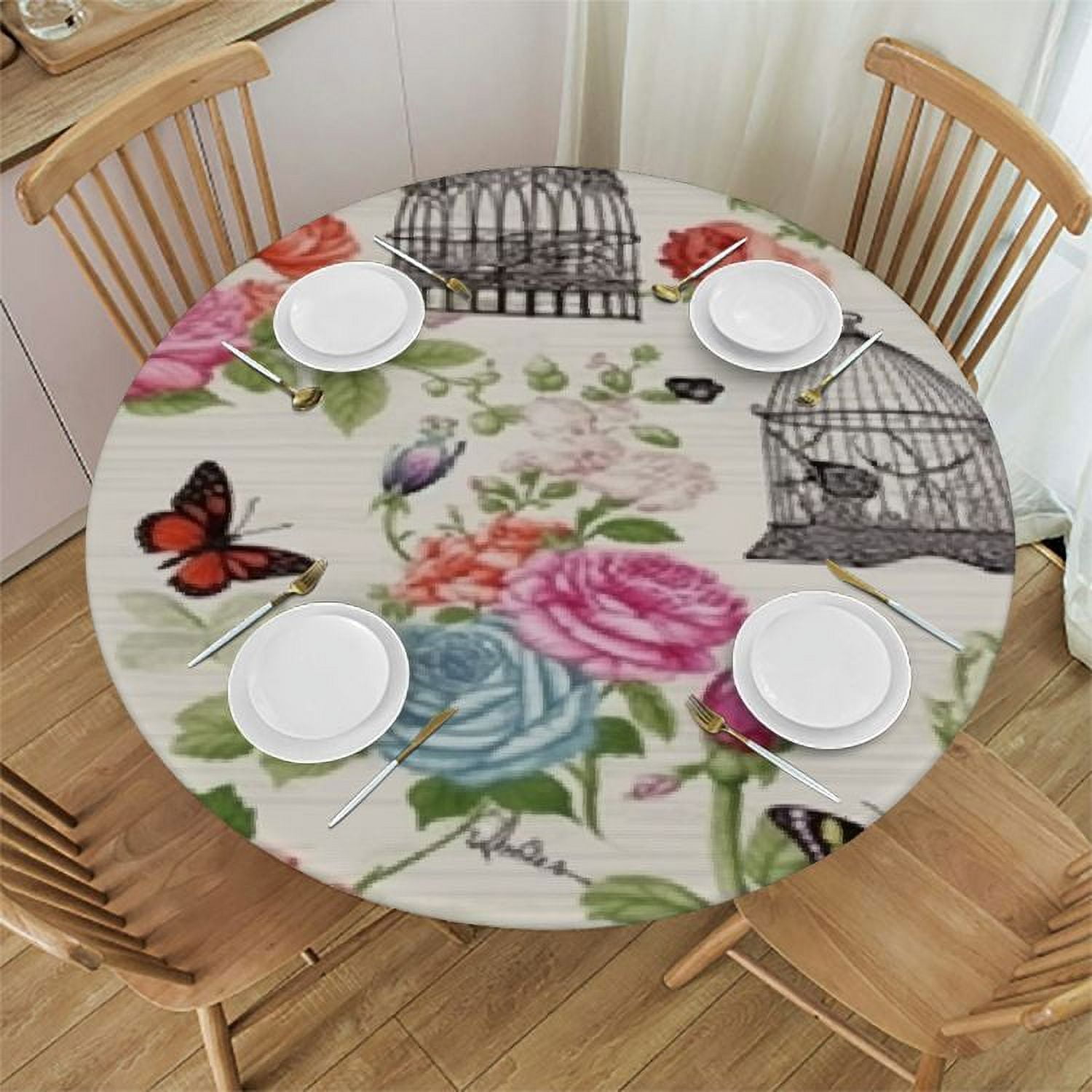 ONETECH Spring Summer Floral Round Tablecloth Vintage Flower Butterfly ...