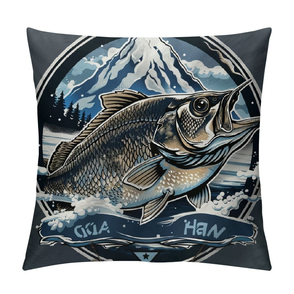 ONETECH Square Pillow Cover Blue Bass Fish Fishing Camping Sign Throw ...