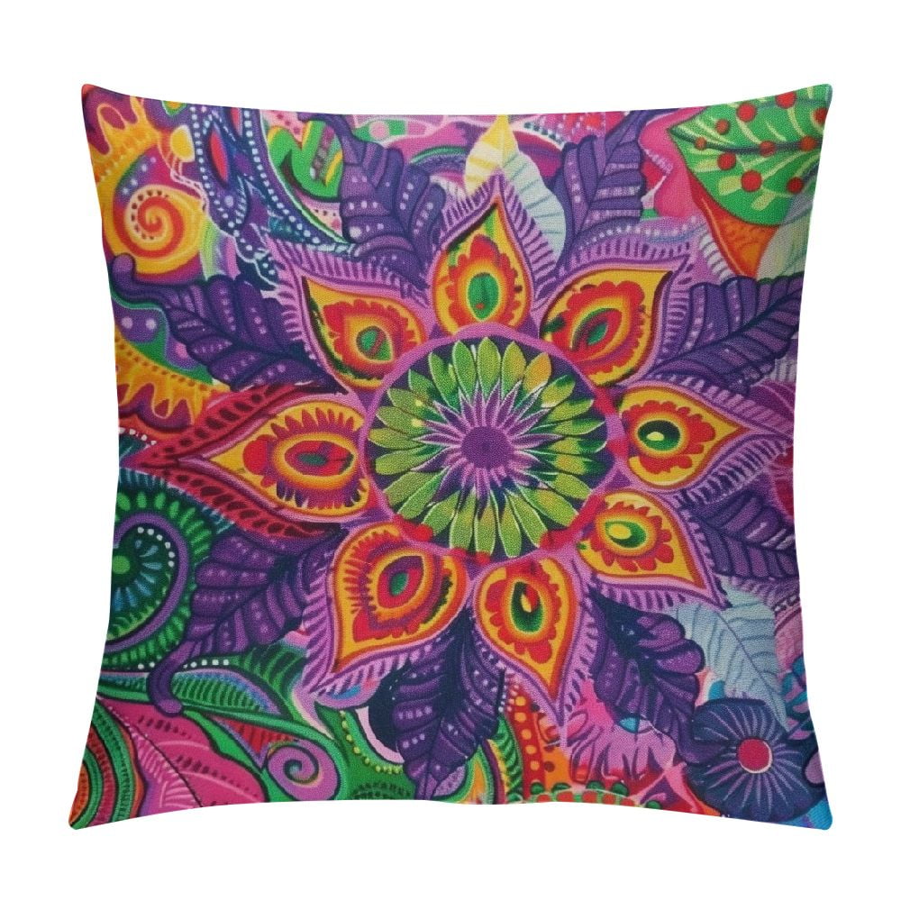 ONETECH Square Throw Pillow Covers Colorful Mandala Flowers Pillow ...