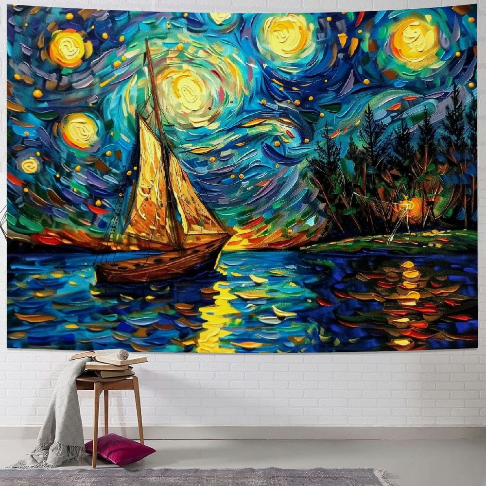 FUMJ Starry Night Tapestry Aesthetic Sailing Boat Tapestry Galaxy Stars ...