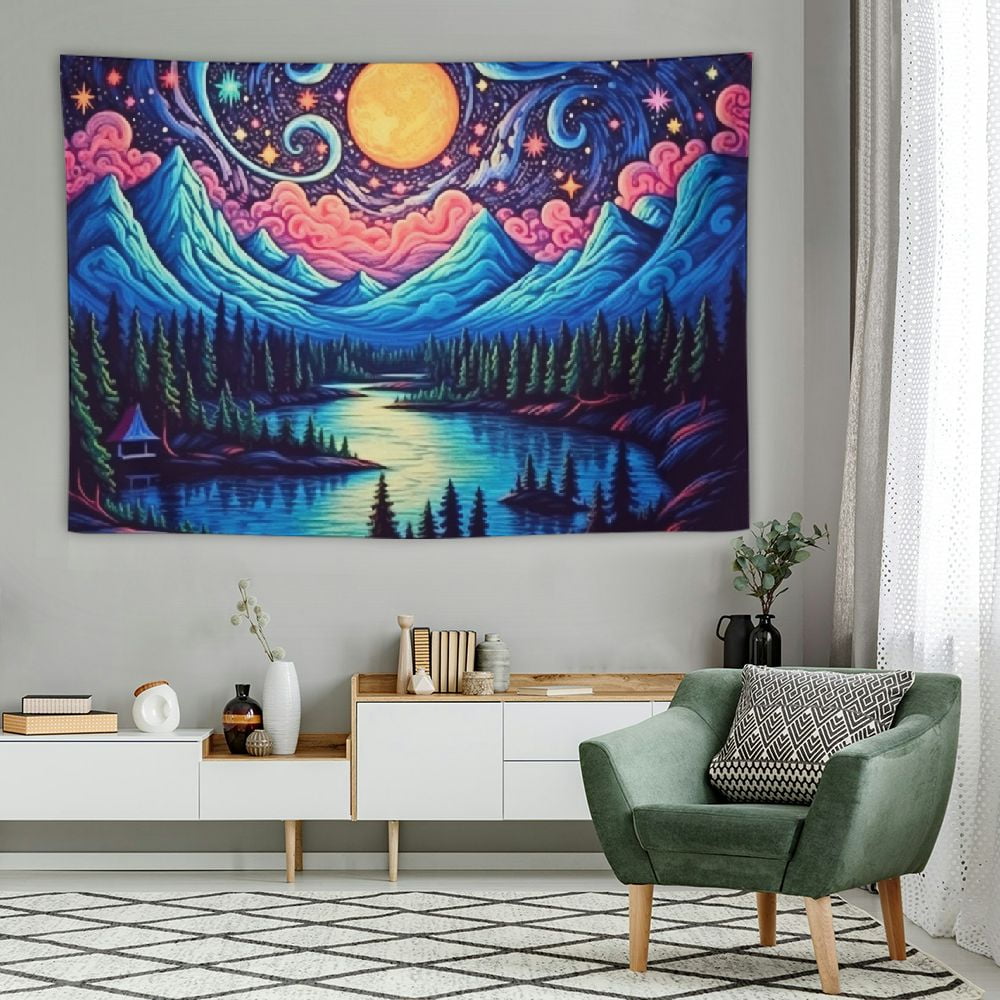 ONETECH Starry Night Tapestry, Inspired Lake Mountain Moon Stars Wall ...