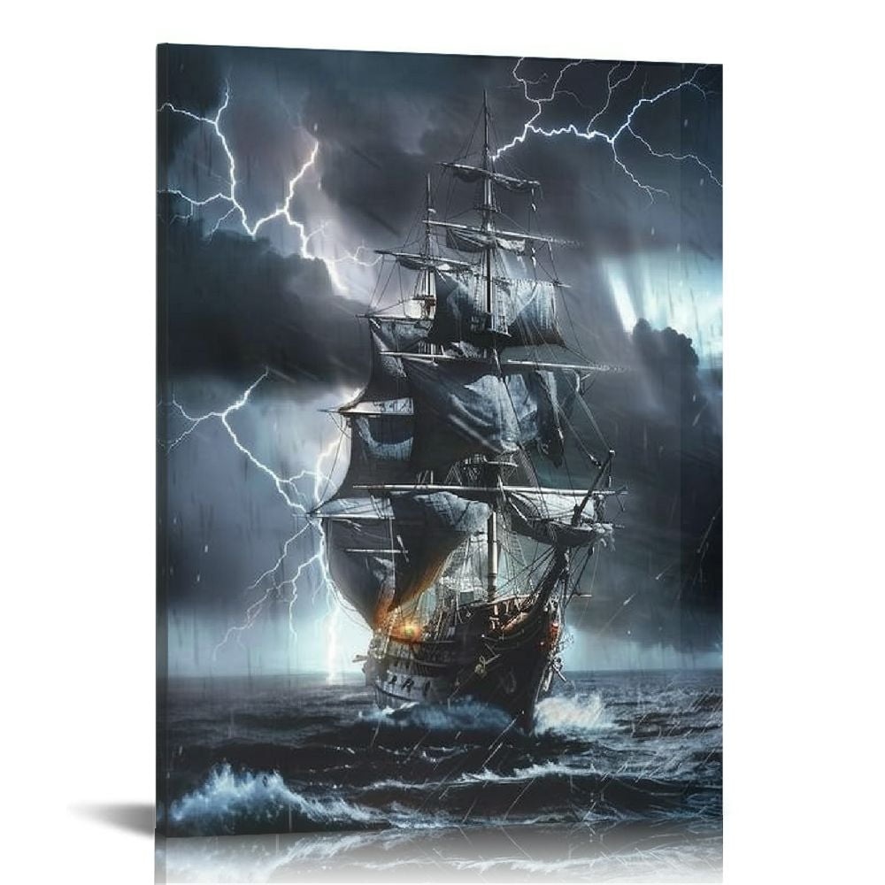 ONETECH Stormy Pirate Ship Poster Black Sailboat Poster Canvas Painting ...