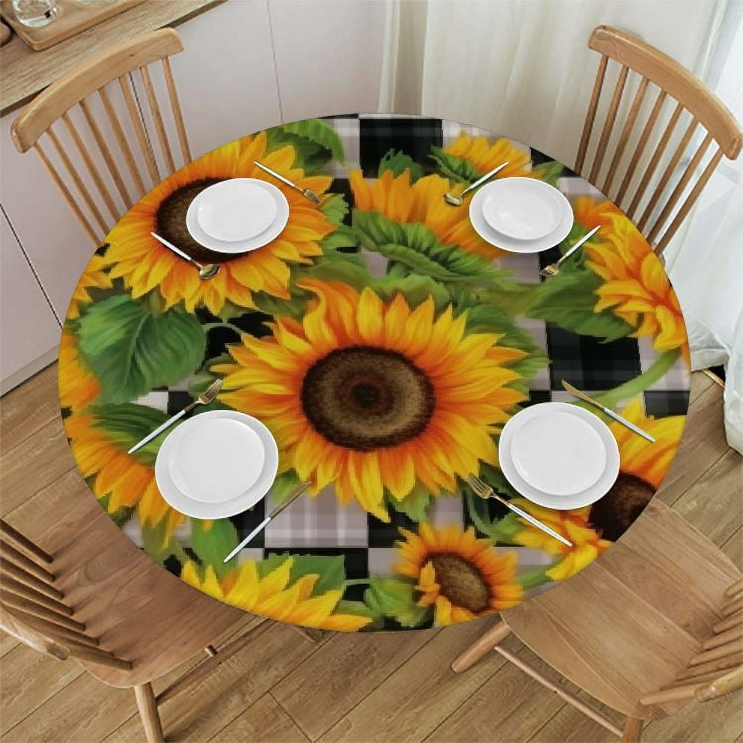 ONETECH Sunflower Tablecloth Black and White Plaid Tablecloth Round ...