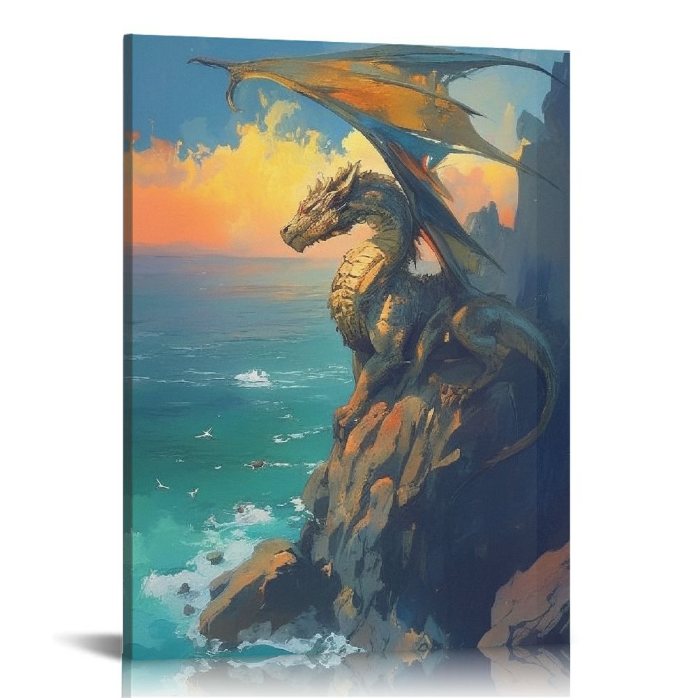 ONETECH Sunset Ocean Fantasy Golden Dragon Poster Canvas Wall Art ...