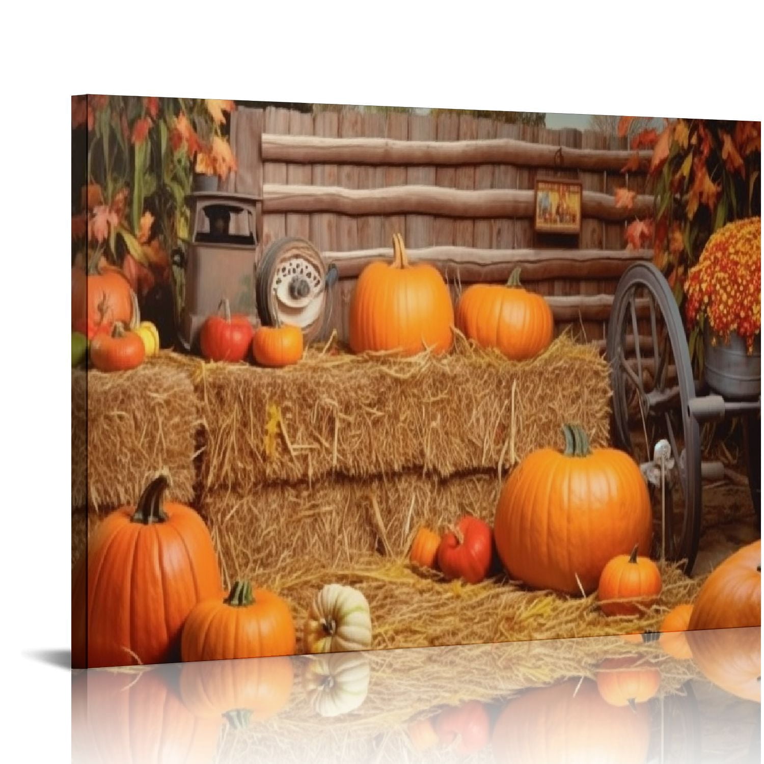 ONETECH Thanksgiving Pumpkin Wall Decor Yellow Red Fall Leaves Framed ...