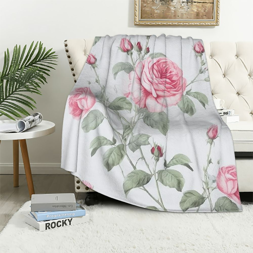 ONETECH Throw Blanket 60x80 Inch,Rose Flower Watercolor Floral Flannel ...