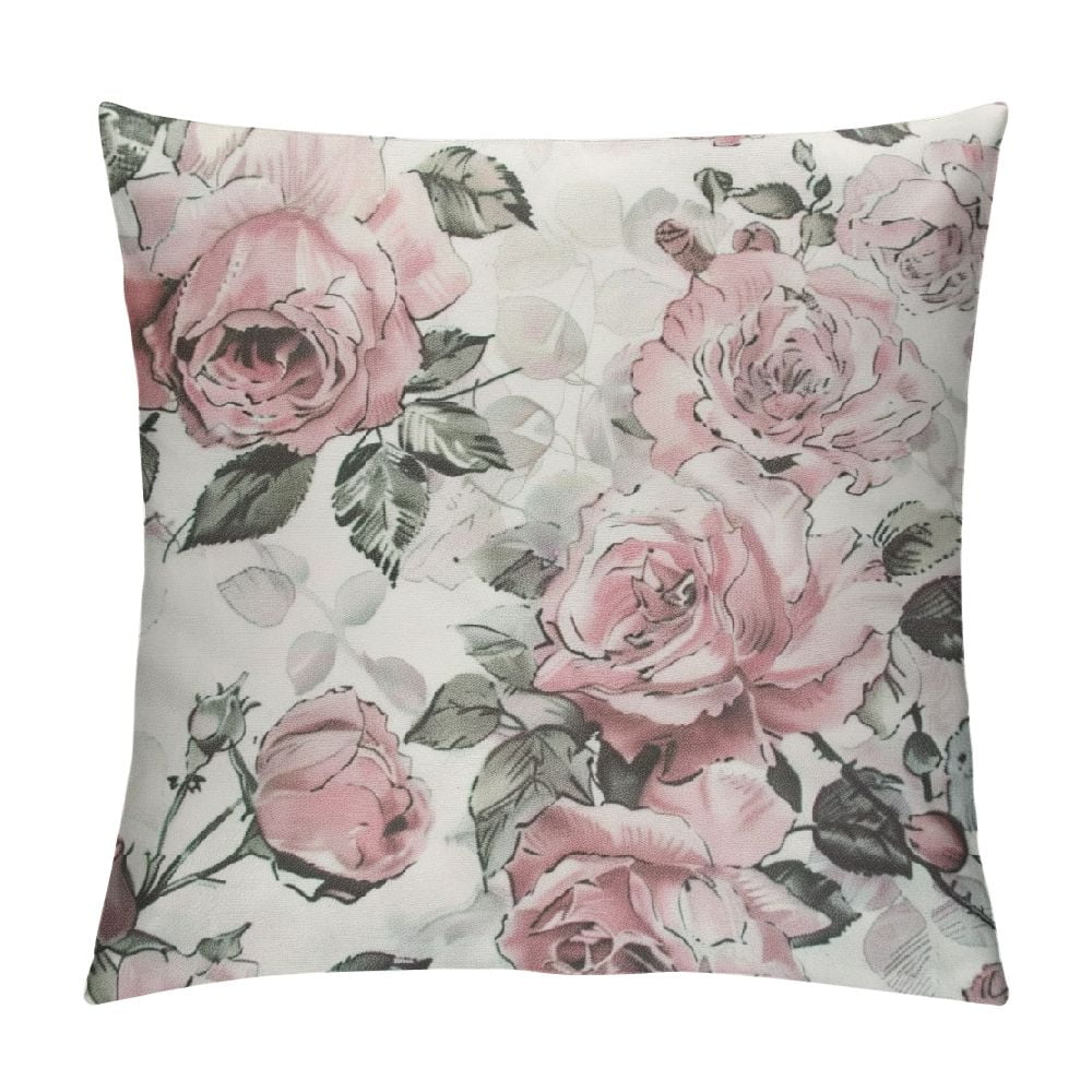 ONETECH Throw Pillow Cover Gray Abstract with Pink Flowers and Leaves ...