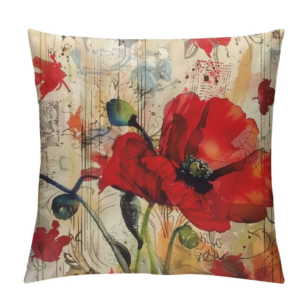 ONETECH Throw Pillow Cover Red Poppy Floral Flower Paint Hand Drawn ...