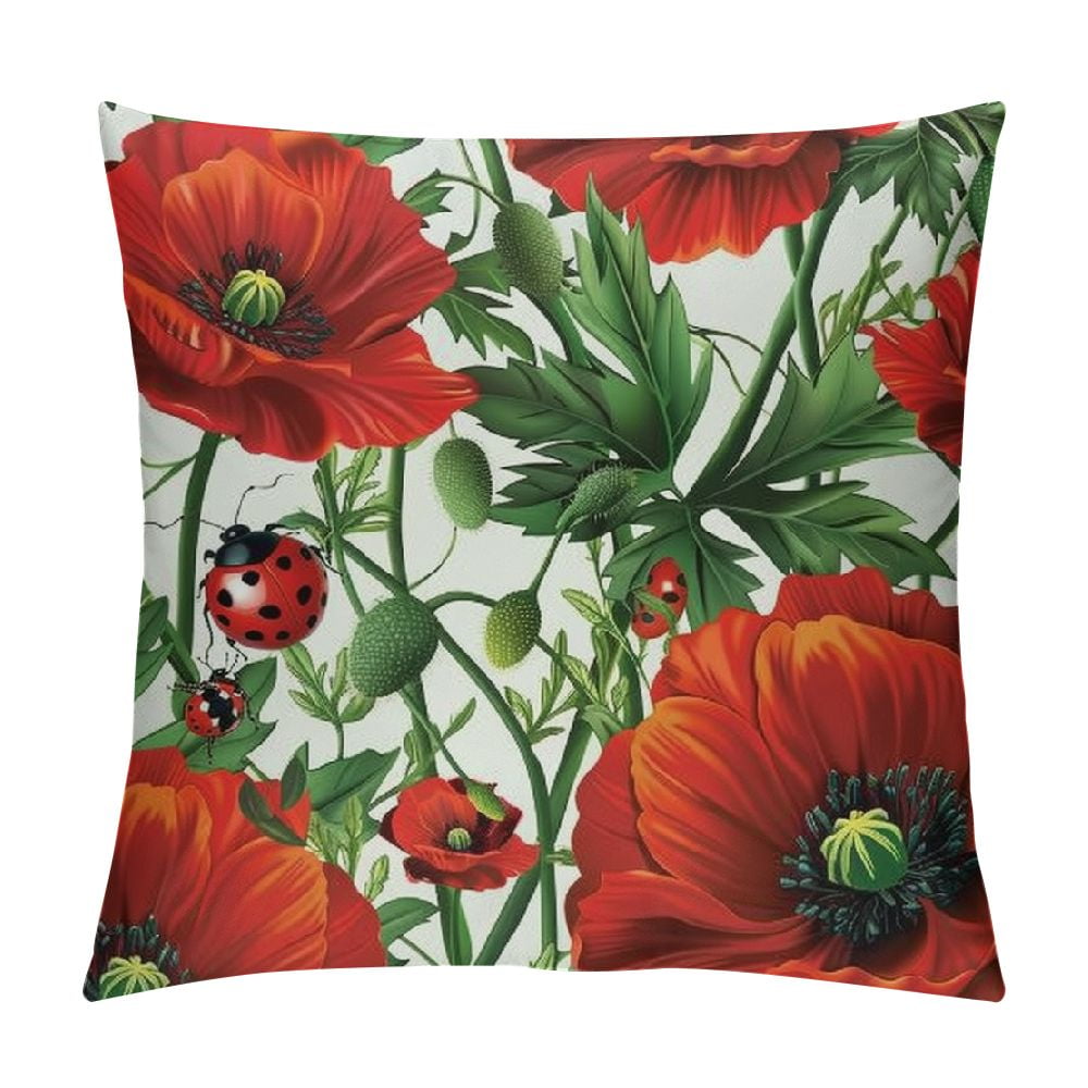 ONETECH Throw Pillow Cover Red Poppy Flowers Beautiful Poppy Green ...
