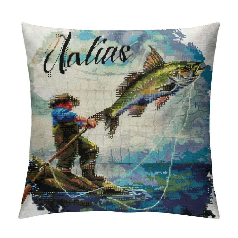 ONETECH Throw Pillow Cover - Watercolor Bass Fish and Fishing Rod ...