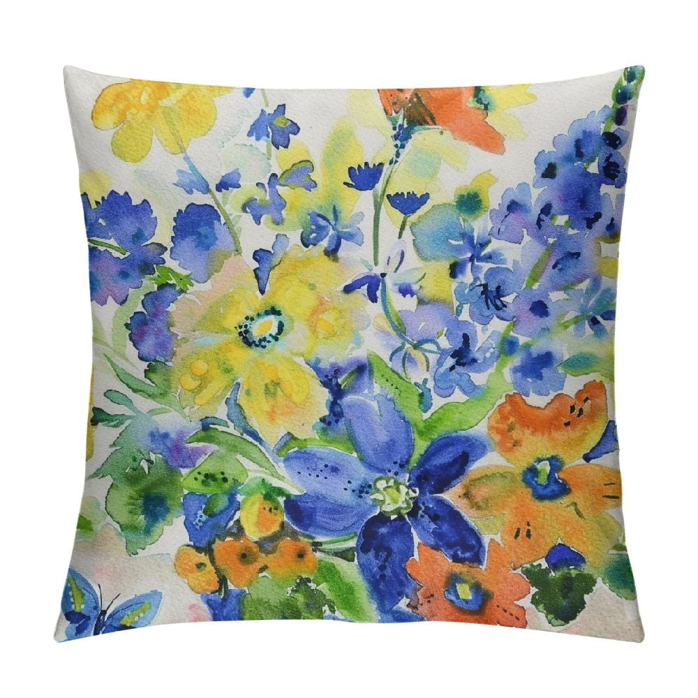 ONETECH Throw Pillow Cover Watercolor Floral Wildflowers Blue Yellow ...