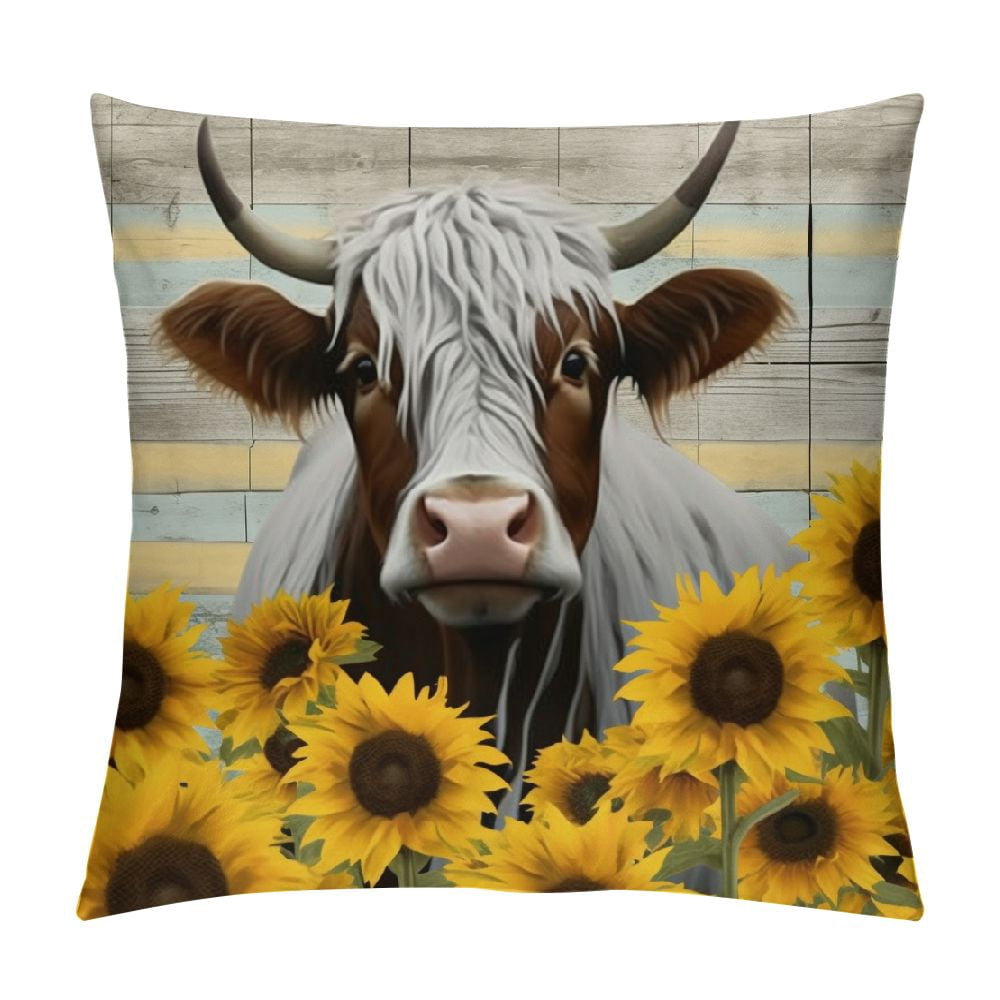 FUMJ Throw Pillow Covers Highland Cow with Sunflowers Cattle Design ...