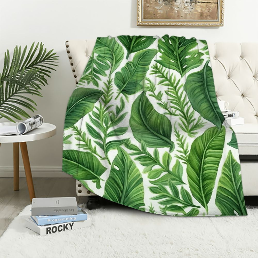 ONETECH Tropical Palm Leaf Blanket 50" x 60" Green Giant Leaves Throw ...