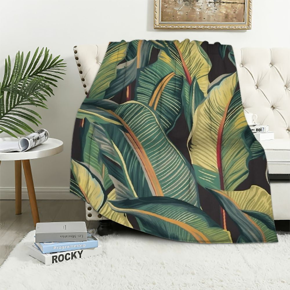 ONETECH Tropical Palm Leaves Throw Blanket Banana Jungle Leaf Seamless ...