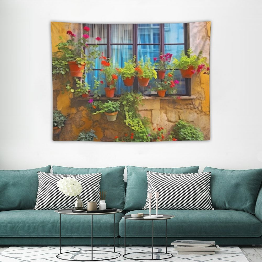 ONETECH Tuscany Tapestry Italy Old Stone Wall Flowers Windows Tapestry ...