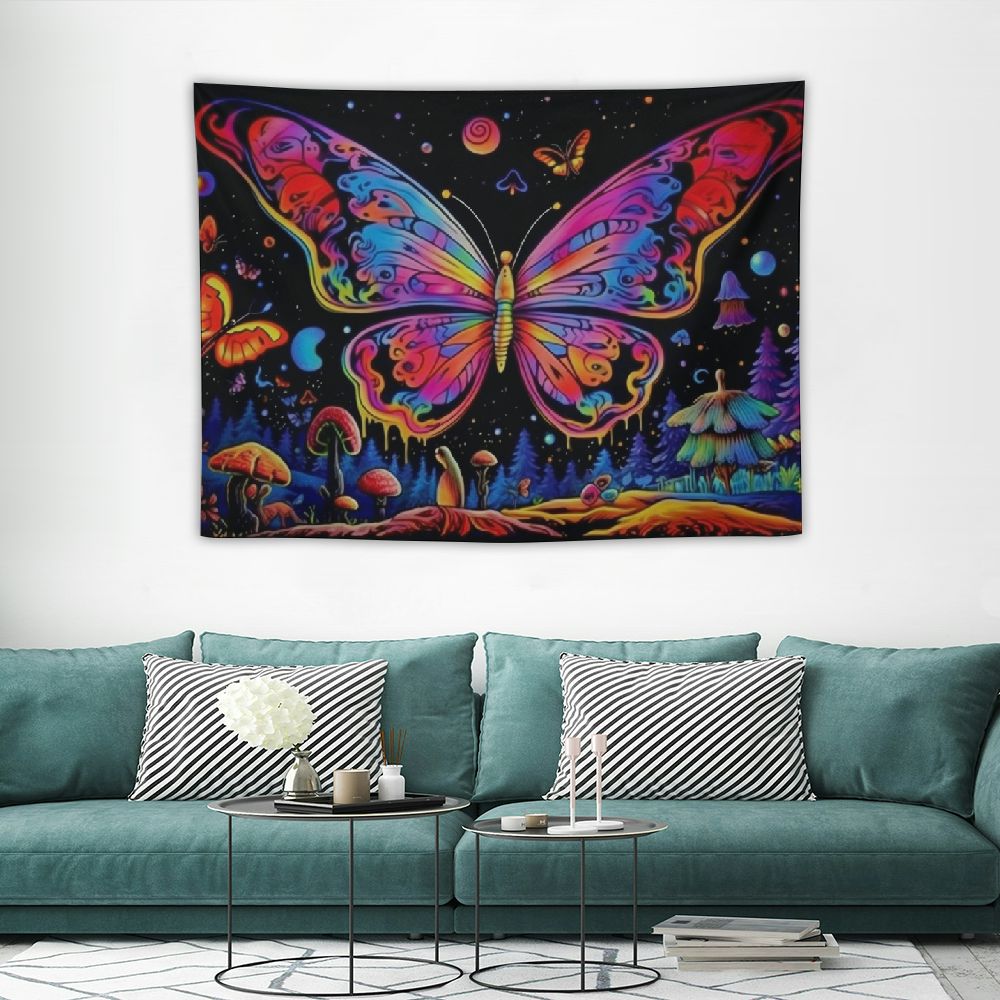 ONETECH UV Light Reactive Mushroom Butterfly Skull Tapestry Moon Black ...