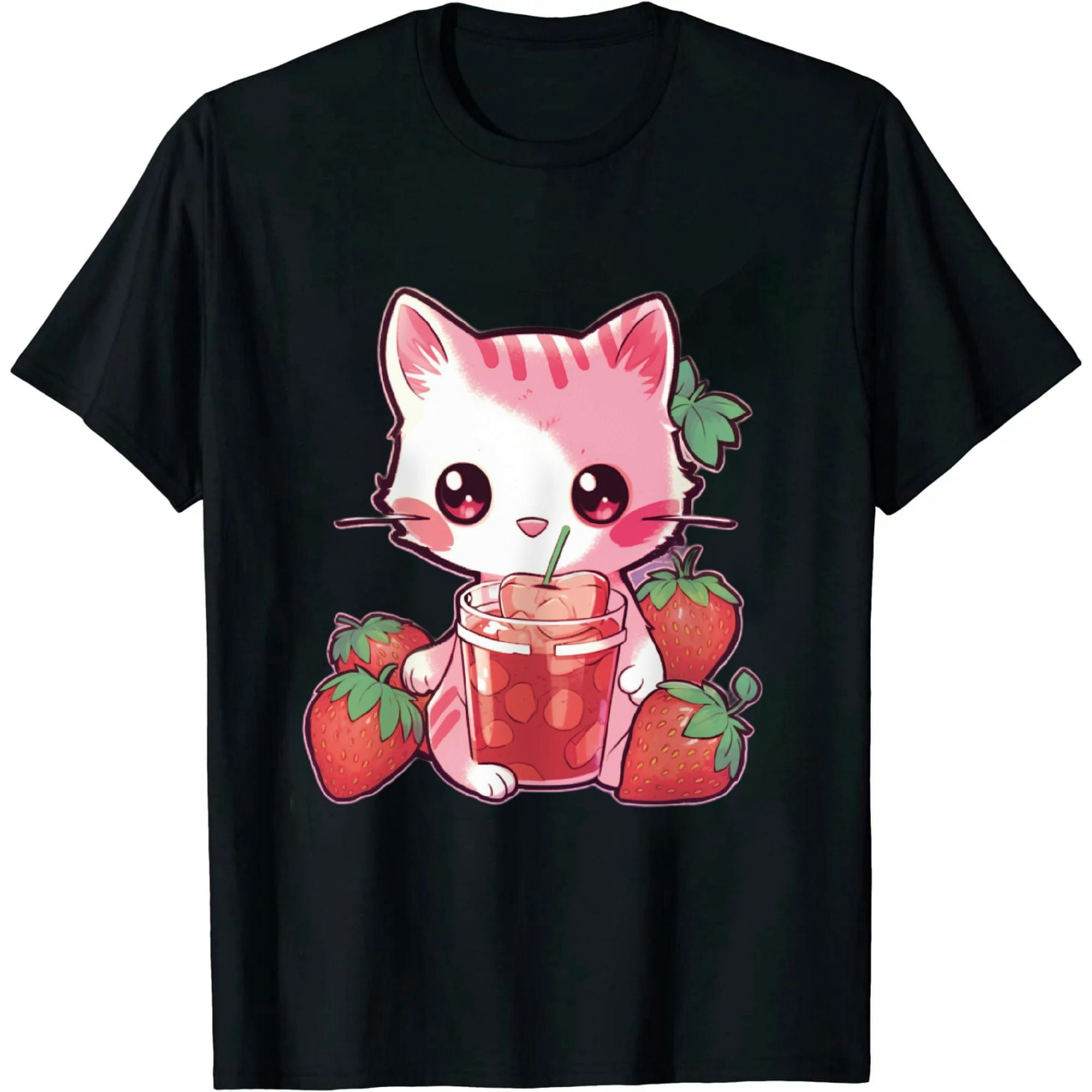 ONETECH Vaporwave Strawberry Cat 90s Japanese Kawaii Strawberry Milk T ...